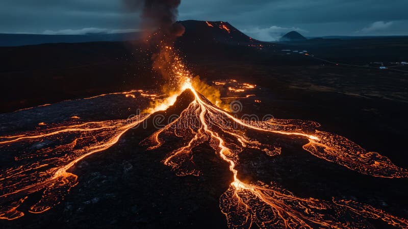 An Active Volcano Erupts at Night, Spewing Lava and Smoke into the Air ...