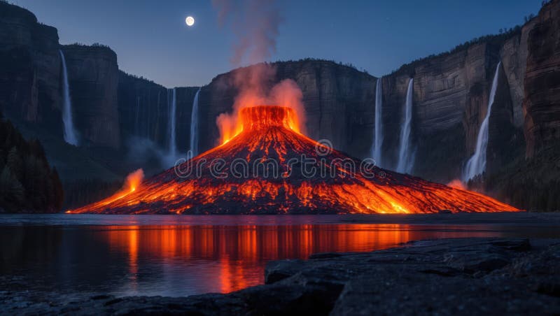 Volcanic Eruption beside Majestic Waterfalls at Night Stock ...