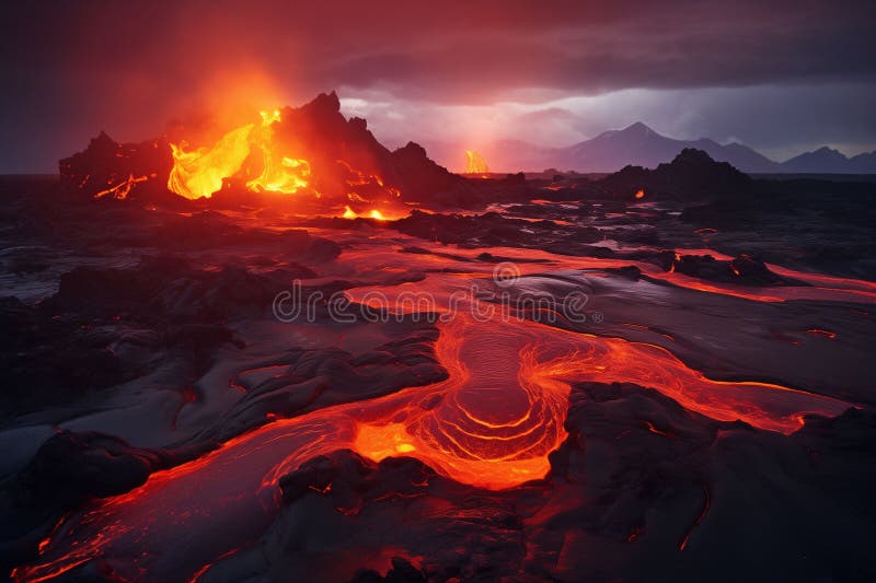 Active Volcano with Blazing Fire, Molten Lava Flow in Volcanic ...