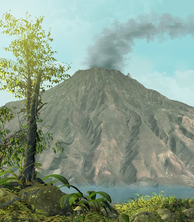 Active Volcano Surrounded by Jungle Stock Illustration - Illustration ...