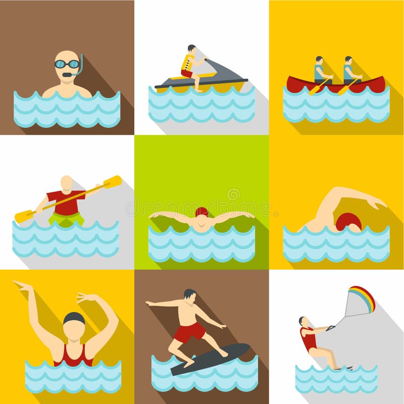 Active Water Sport Icons Set, Flat Style Stock Vector - Illustration of ...