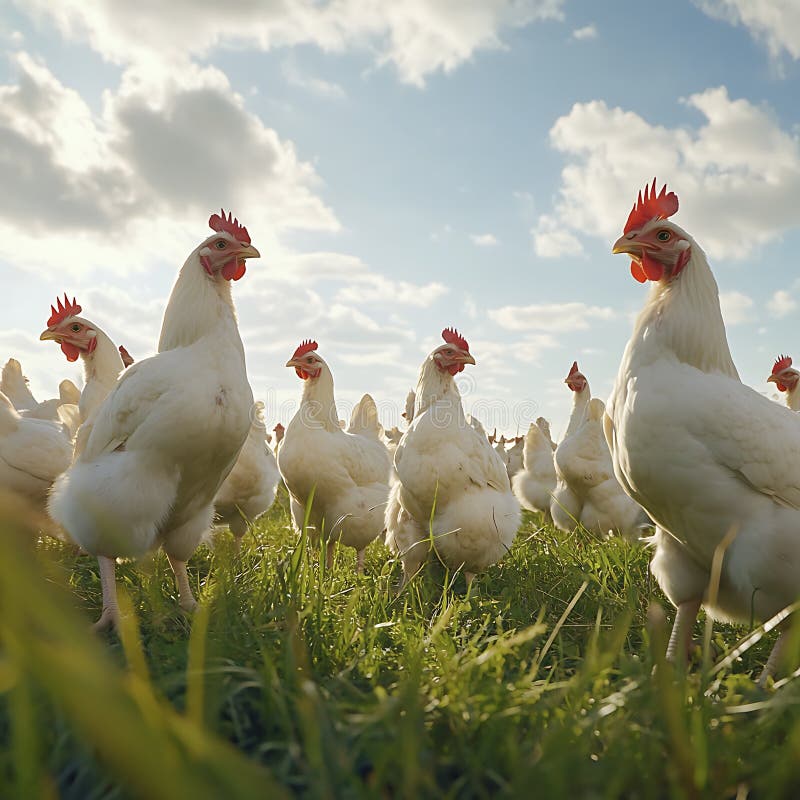 Active White Feathered Chickens Pecking in an Open Field Stock Image ...