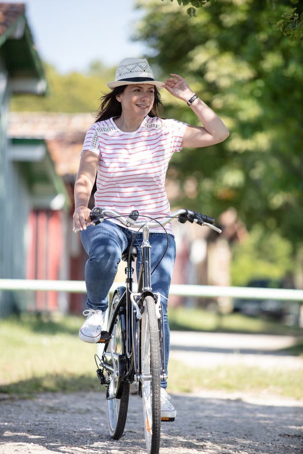 Active Woman Ridding Bike in Nature Stock Image - Image of enjoying ...