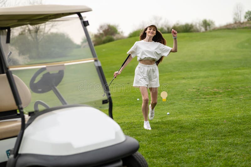 Active Woman Standing by the Vehicle with Golf in Nature Stock Image ...