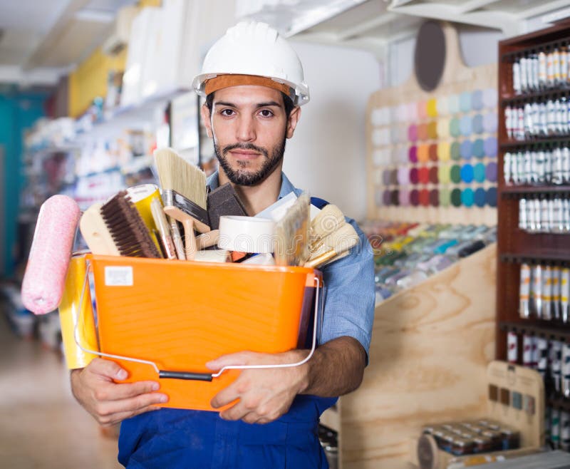 Active Workman Holding Basket with Picked Tools Stock Photo - Image of ...