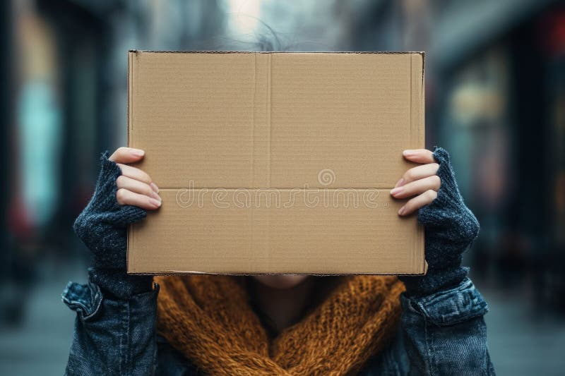 Activist Hiding Face with Blank Cardboard Sign during Protest. Copy ...