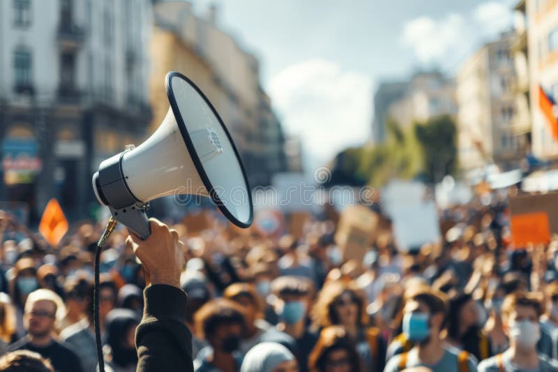 Activist Holding Megaphone at Protest, Crowd of Demonstrators in Urban ...