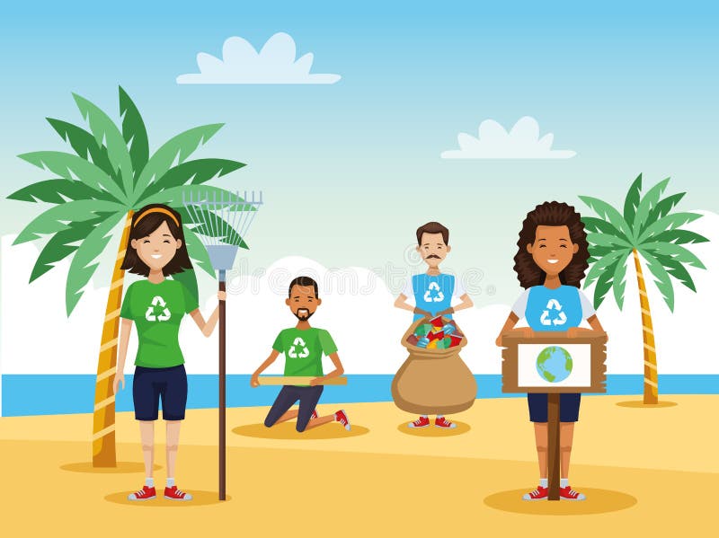 Activists People Cleaning Beach Scene Stock Vector - Illustration of ...