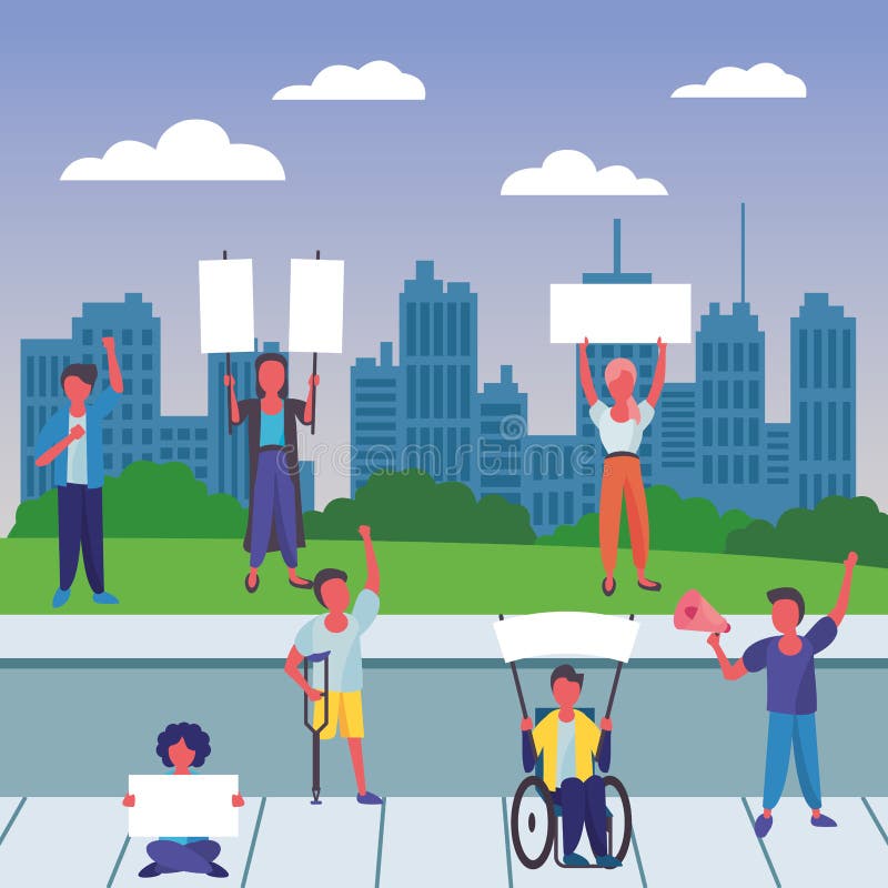 Activists People with Protest Banners and Megaphone Stock Vector ...