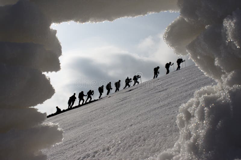 Activity for Hiking and Summit in Mystical Snowy Mountains Stock Photo ...