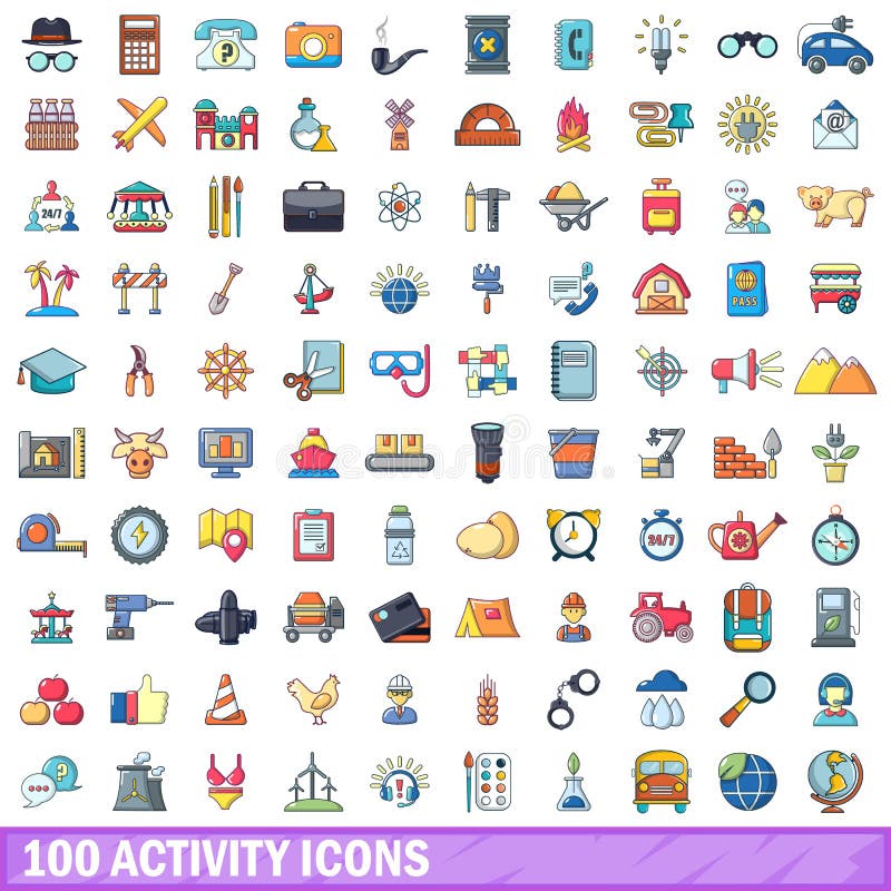 100 Activity Icons Set, Cartoon Style Stock Vector - Illustration of ...