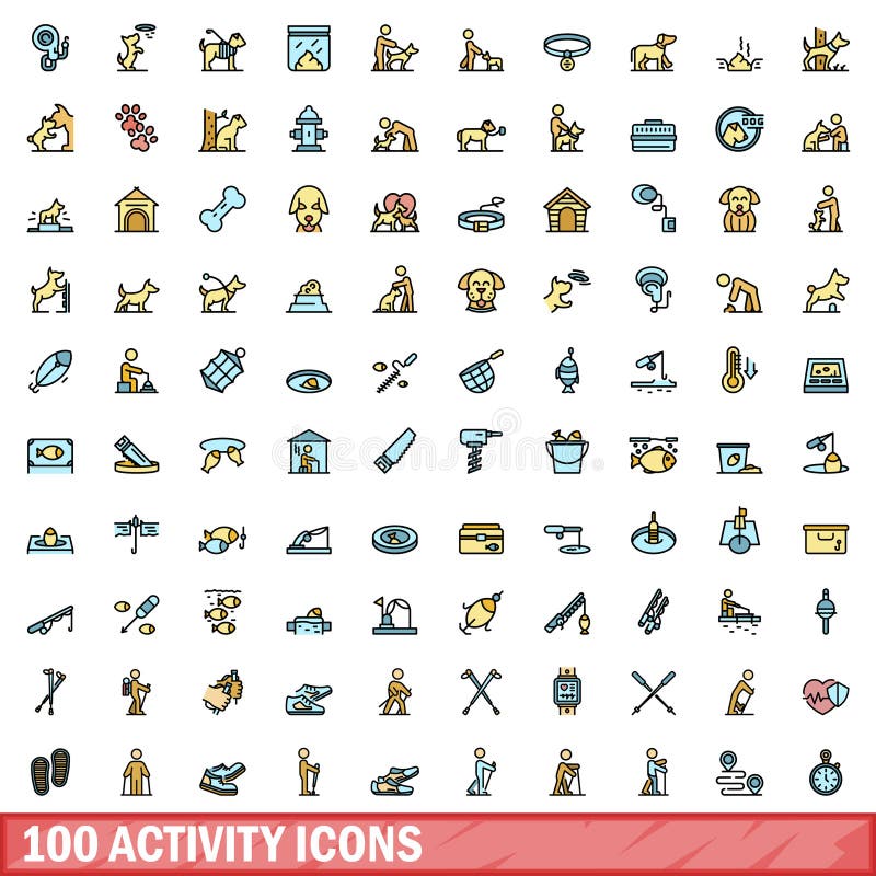 100 Activity Icons Set, Color Line Style Stock Vector - Illustration of ...