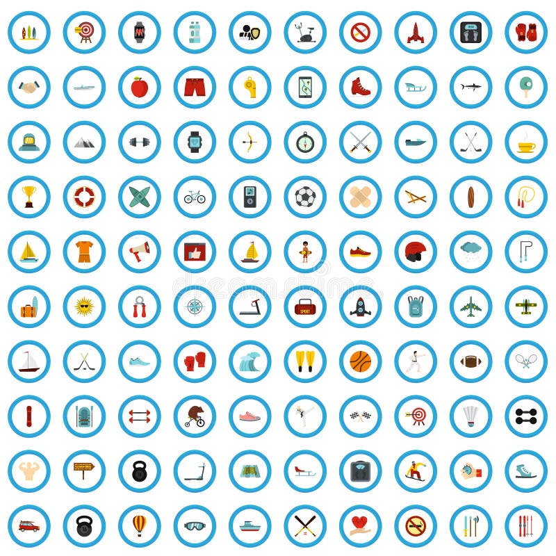 100 Activity Icons Set, Flat Style Stock Vector - Illustration of fins ...