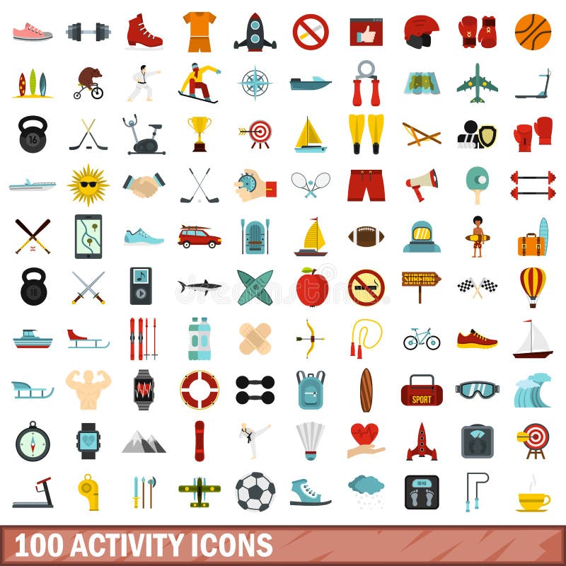 100 Activity Icons Set, Flat Style Stock Illustration - Illustration of ...
