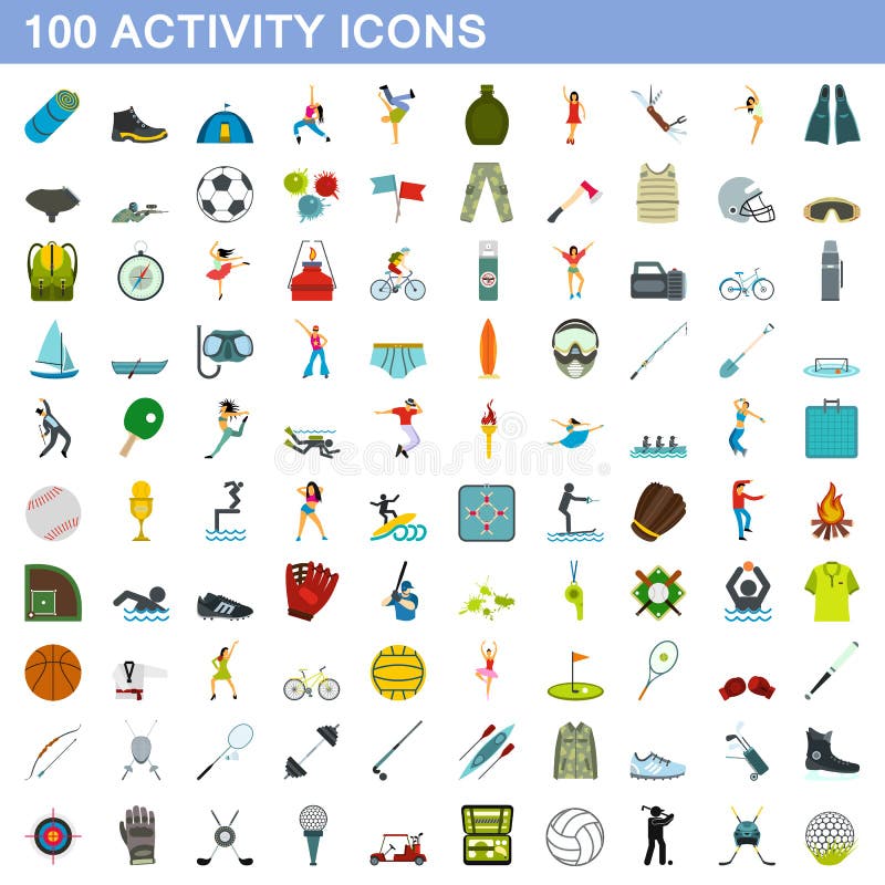 100 Activity Icons Set, Flat Style Stock Vector - Illustration of icons ...