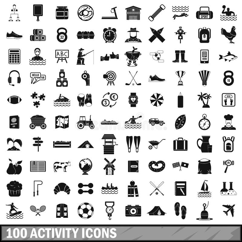 100 Activity Icons Set, Simple Style Stock Vector - Illustration of ...