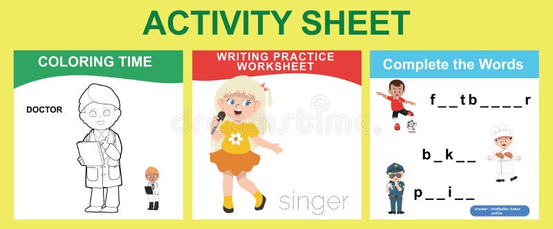 3 in 1 Activity Kit for Children with Kids Profession Dreams. Stock ...
