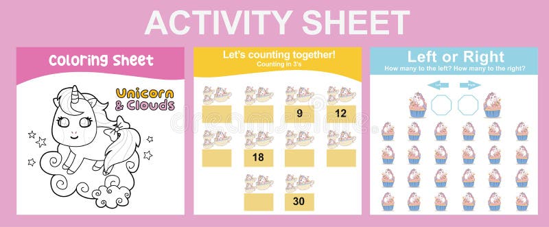 3 in 1 Activity Sheet for Children. Coloring, Counting Together, Left ...