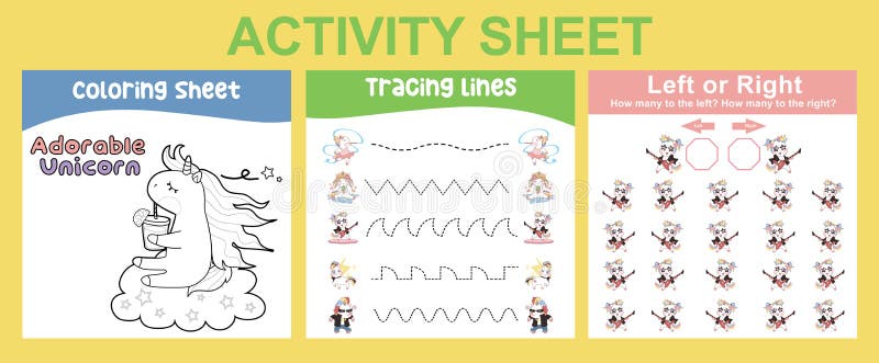 3 in 1 Activity Sheet for Children. Coloring, Tracing Lines, Left or ...