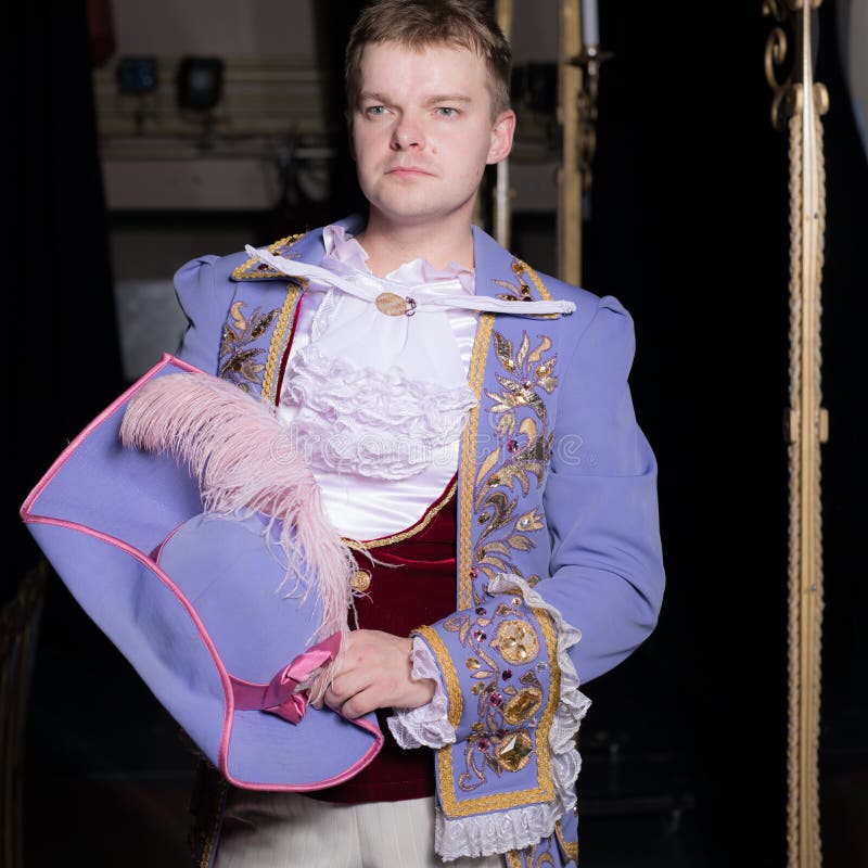 Actor Dressed Jester`s Costume in Interior of Old Theater. Stock Image ...