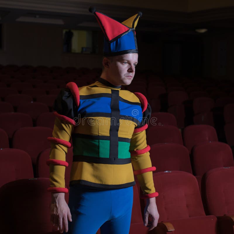 Actor Dressed Jester`s Costume in Interior of Old Theater. Stock Photo ...