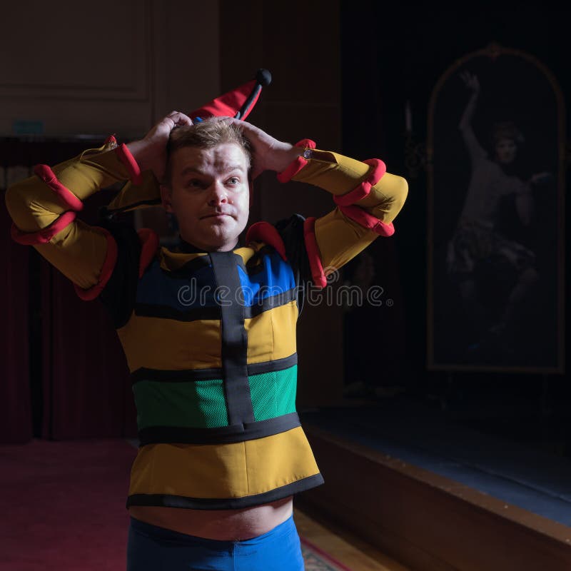 Actor Dressed Jester`s Costume in Interior of Old Theater. Stock Photo ...