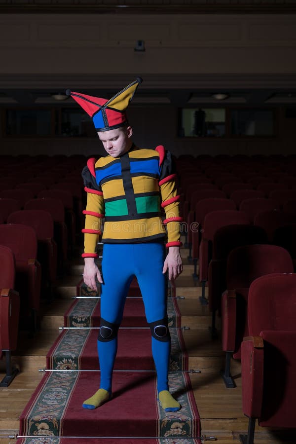 Actor Dressed Jester`s Costume in Interior of Old Theater. Stock Photo ...