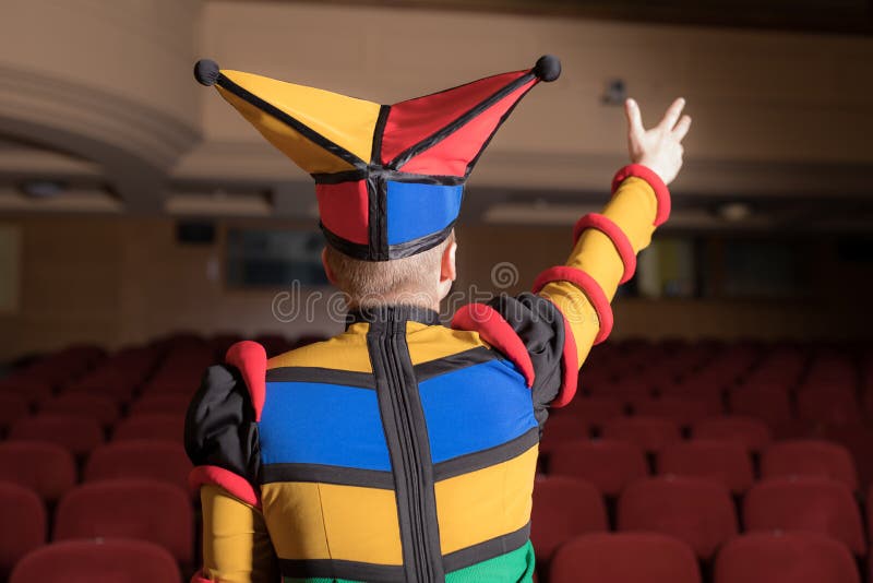 Actor Dressed Jester`s Costume in Interior of Old Theater. Stock Image ...