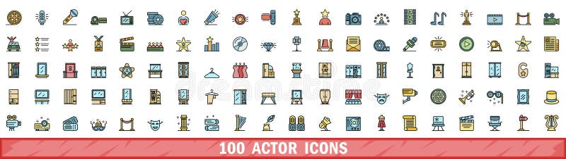 100 Actor Icons Set, Color Line Style Stock Illustration - Illustration ...