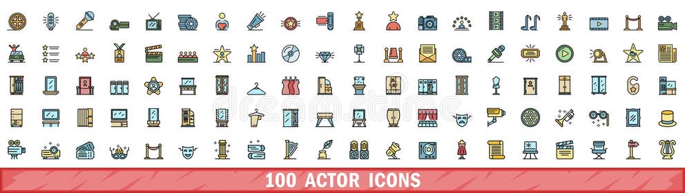 100 Actor Icons Set, Color Line Style Stock Illustration - Illustration ...