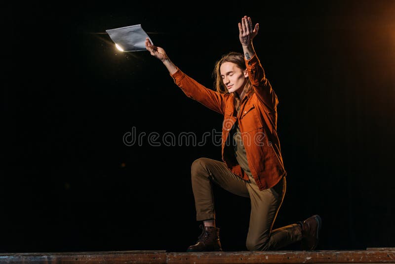Actor with Scenario Playing on Stage Stock Photo - Image of indoors ...