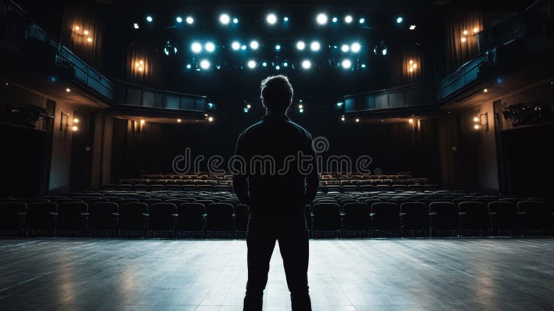 An Actor Stands Alone on a Theater Stage, Practicing Lines for an ...