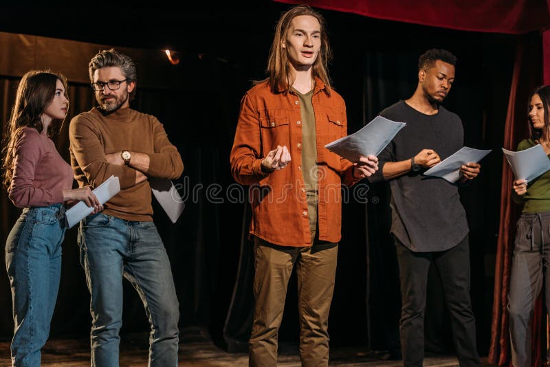 Actors Rehearsing Fight on Stage in Stock Image - Image of dark, angry ...