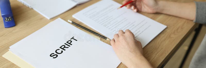 Actress Checks Script Papers Making Notes with Pencil Stock Photo ...