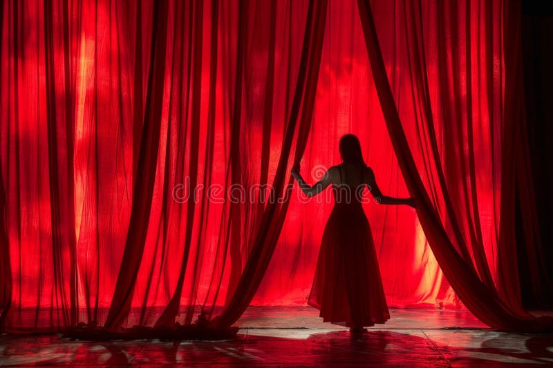 Actress is Standing on a Stage, Opening a Red Curtain Stock Image ...