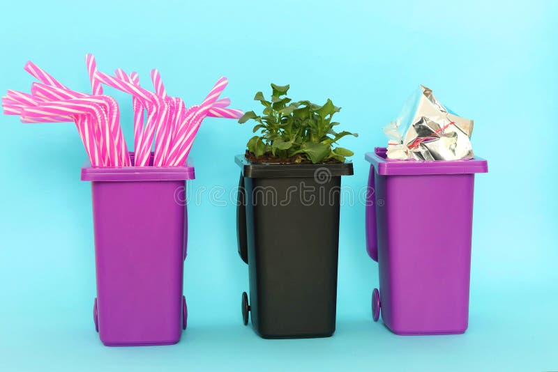 Garbage Pot Full of Plastic Straws, with Garbage and with a Fresh Plant ...