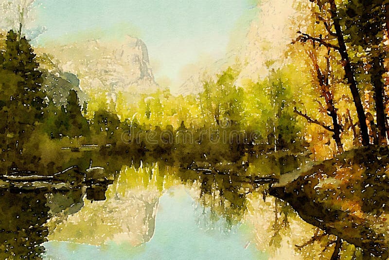 Acuarela De Un Paisaje Que Refleja En Un Lago Tranquilo Stock de ...