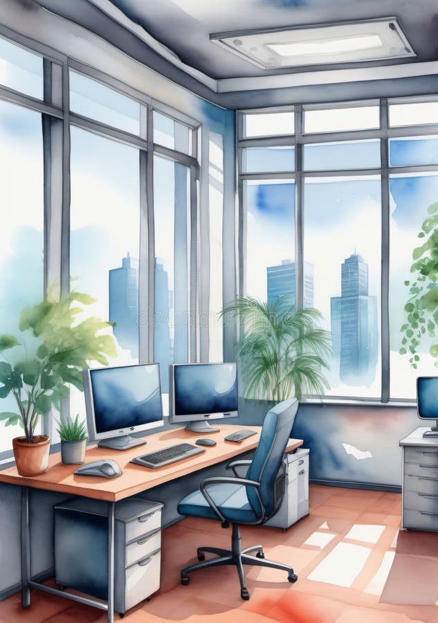 Acuarela De Una Oficina Moderna Con Vistas a La Ciudad. Ai Generativo ... Acuarela De Una Oficina Moderna Con Vistas a La Ciudad. Ai Generativo ...