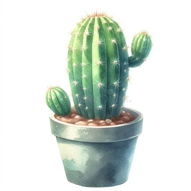 Acuarela Simplemente Cactus En Olla Aislado En Fondo Blanco Stock de ilustración - Ilustración ...