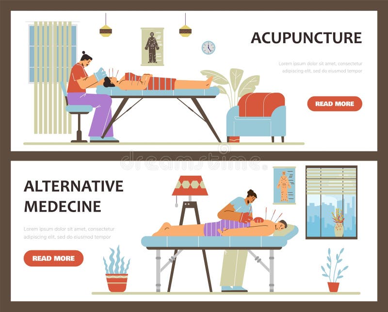 Acupuncture Therapy Using Needles Banners or Flyers, Flat Vector ...