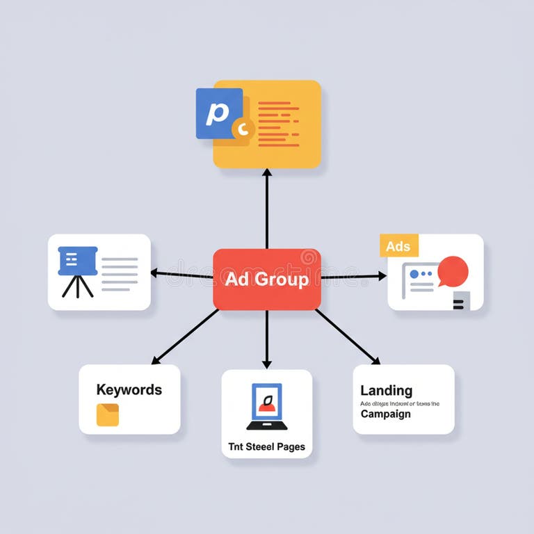 Ad Group Flowchart with a Central Red Rectangle Labeled "Ad Group ...