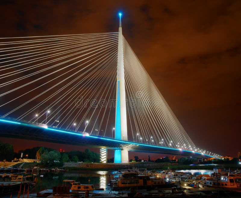 Sava River, Marina and Ada Bridge in Belgrade, Serbia - Night Picture ...