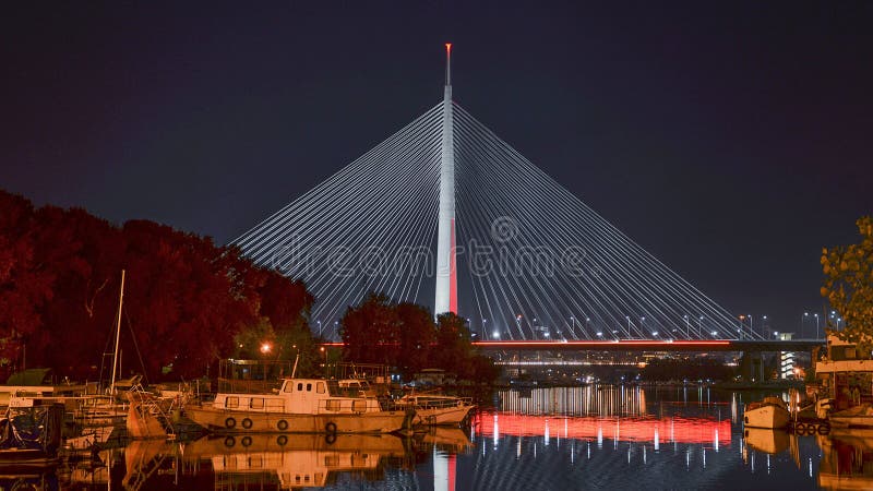 Ada Bridge in Belgrade stock image. Image of city, night - 44858303