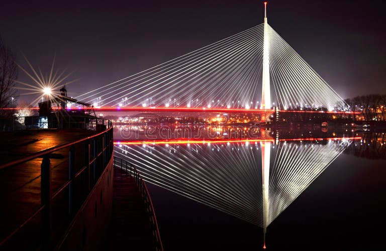 Ada bridge with reflection stock image. Image of belgrade - 132160289