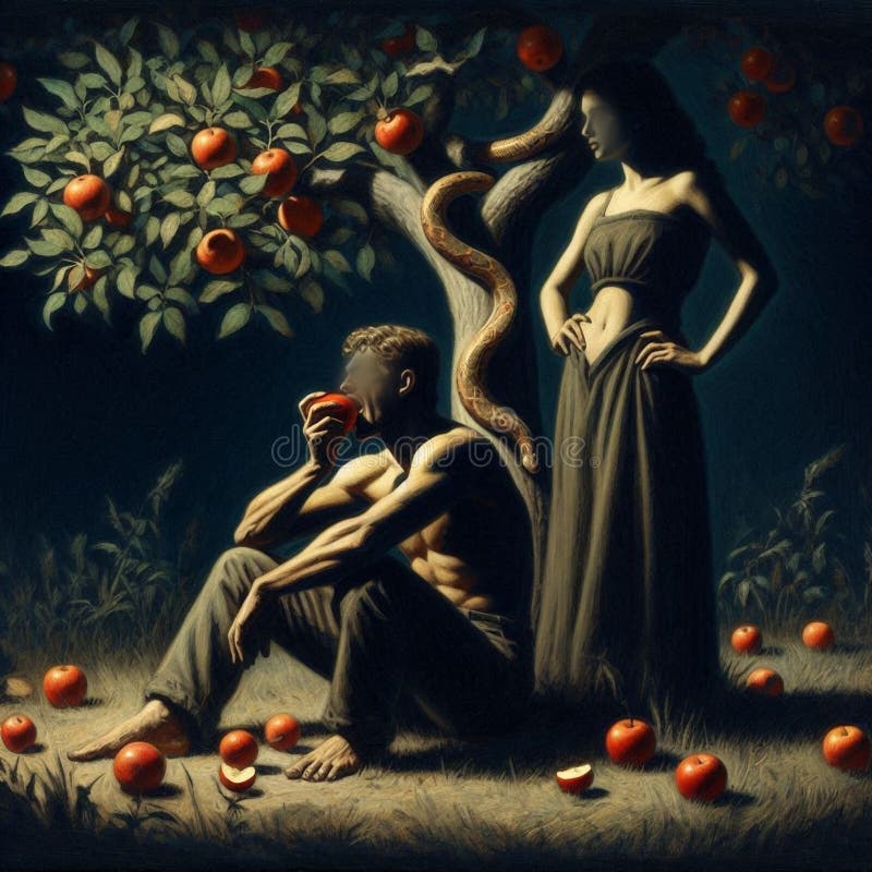 Adam Biting an Apple Under the Tree with Even Stand Next To Him in Th ...