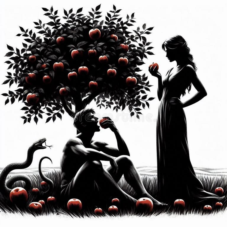 Adam Biting an Apple Under the Tree with Even Stand Next To Him in Th ...