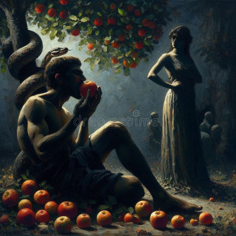 Adam Biting an Apple Under the Tree with Even Stand Next To Him in Th ...