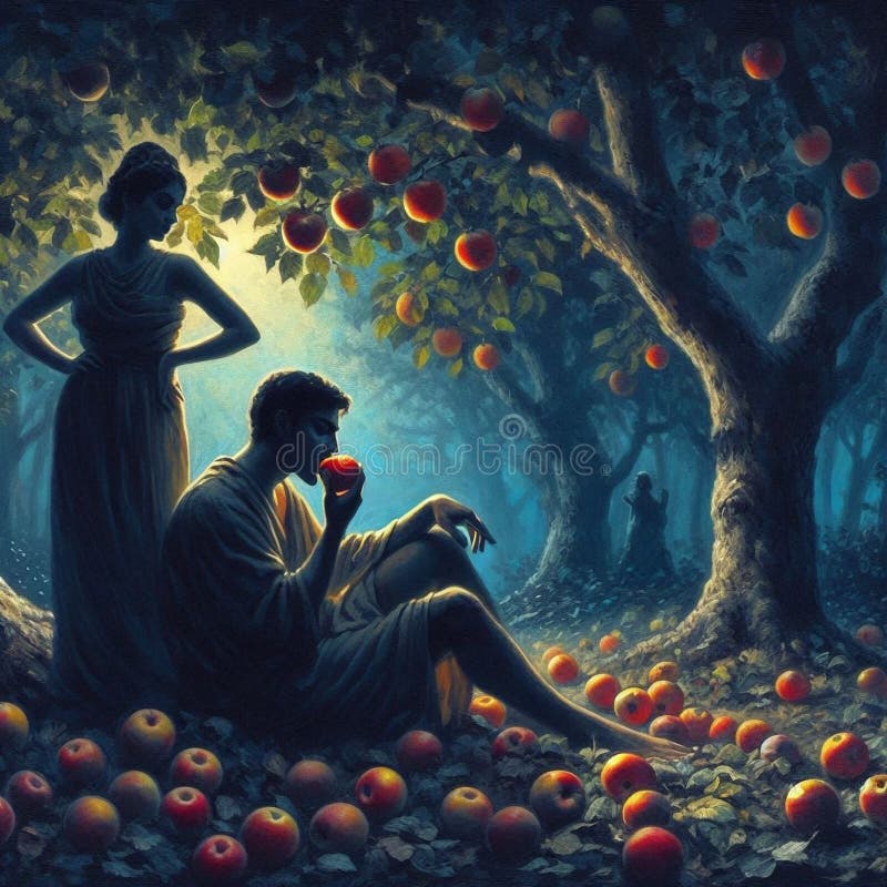 Adam Biting an Apple Under the Tree with Even Stand Next To Him in Th ...