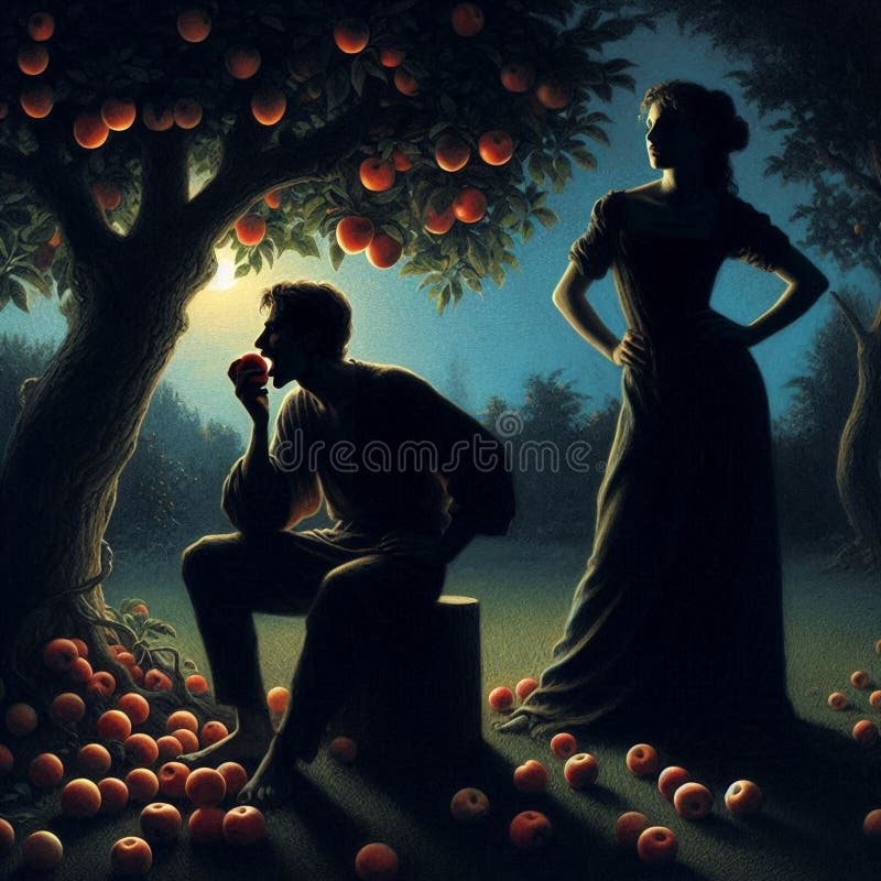 Adam Biting an Apple Under the Tree with Even Stand Next To Him in Th ...