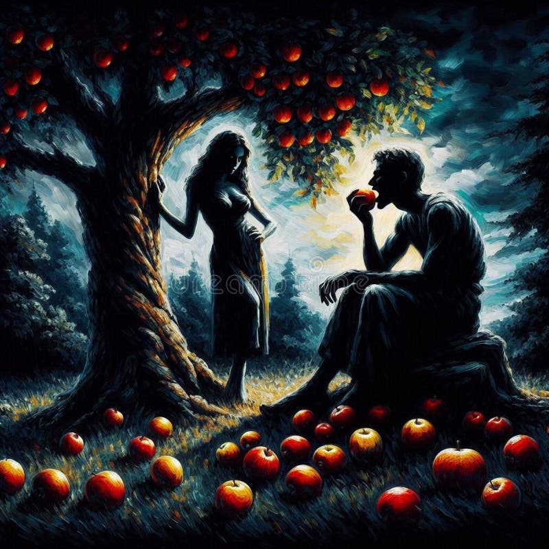 Adam Biting an Apple Under the Tree with Even Stand Next To Him in Th ...